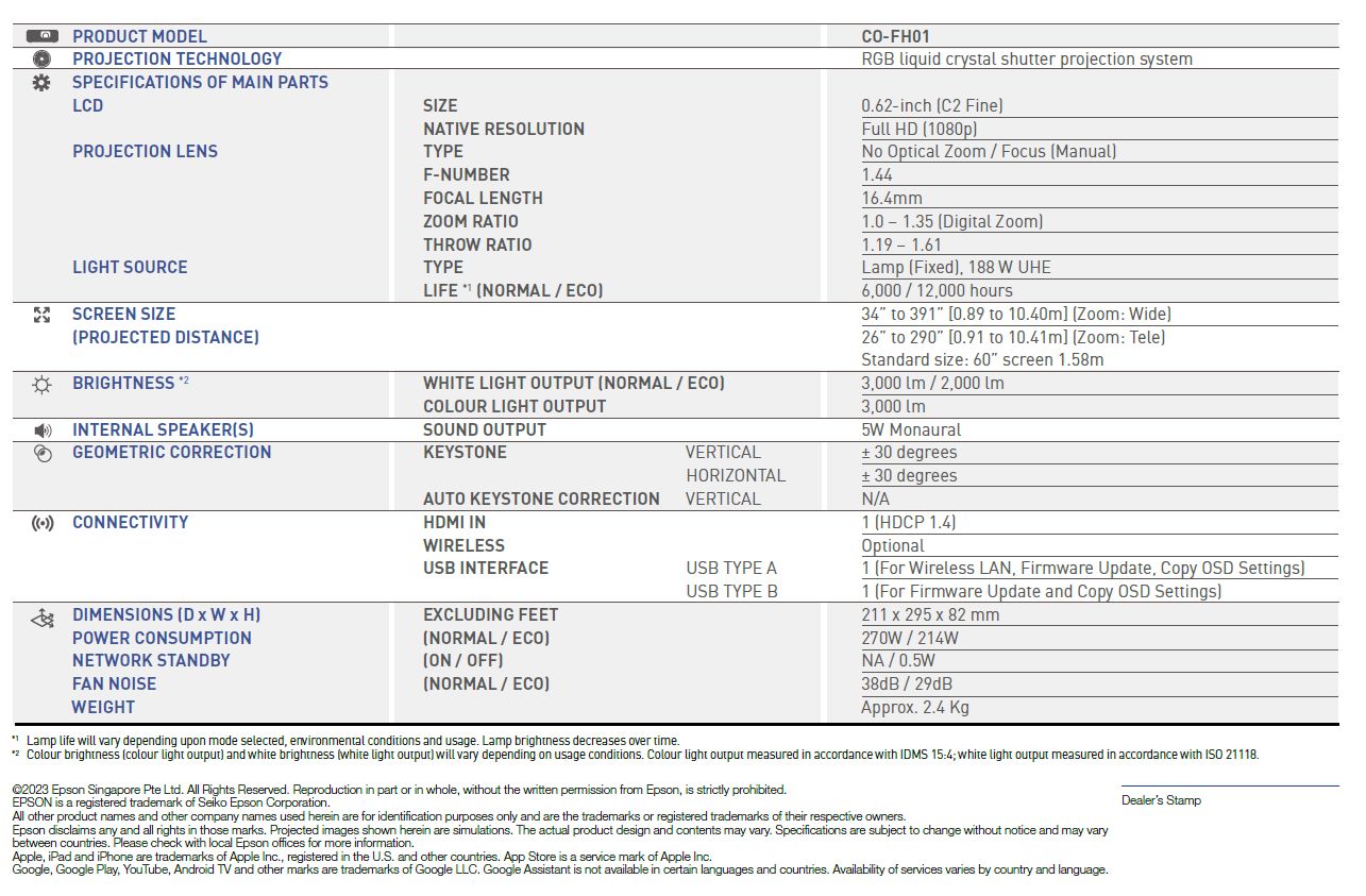 Epson CO-FH01 LCD Home Entertainment Projector 3000 ANSI 1080p ...